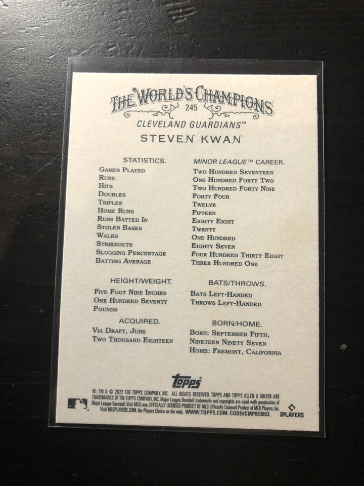 2022 Topps Allen & Ginter X #245 Steven Kwan Cleveland Guardians Rookie ...