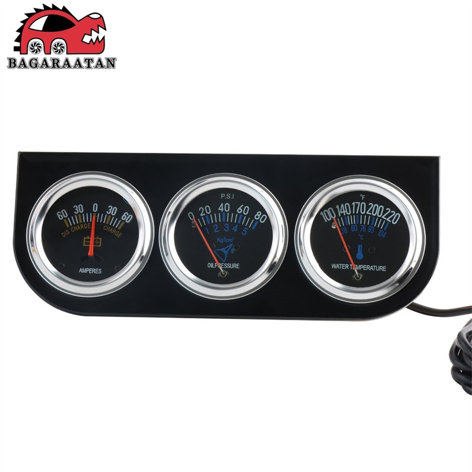 Black Triple Gauge Set Water Temp Oil Pressure AMP Meter Mechanical 2 ...