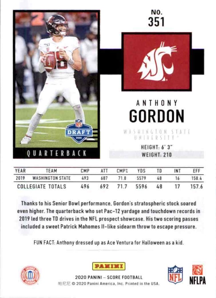 2020 Score #351 Anthony Gordon Washington State Cougars Football Card ...