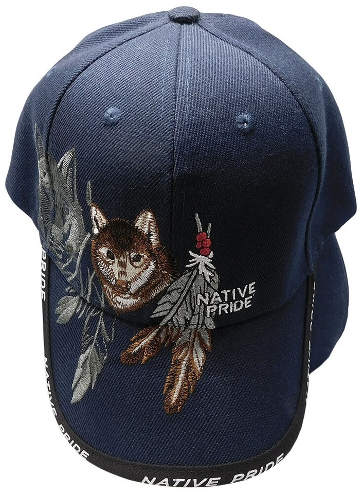 Native American Indian Wolf Feather Shadow BLUE Embroidered Cap Hat ...