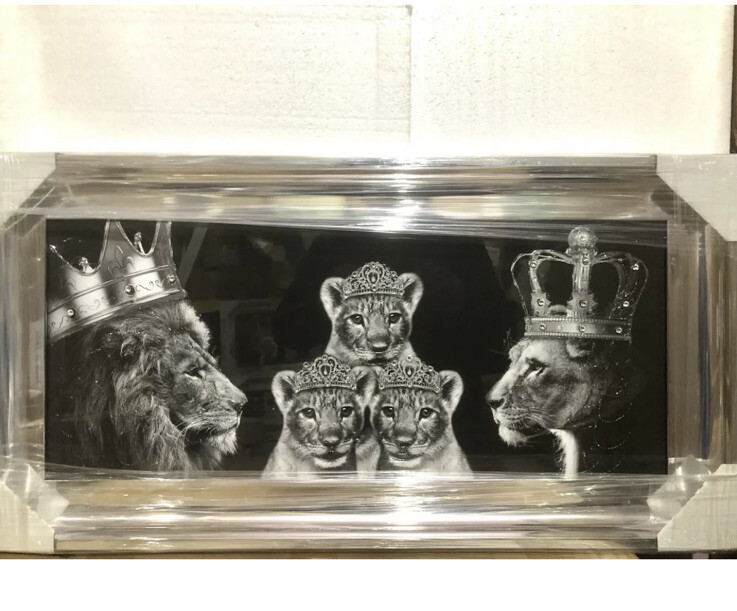 LION FAMILY PICTURE LIQUID ART CHROME FRAME KING QUEEN AND PRINCESS ...