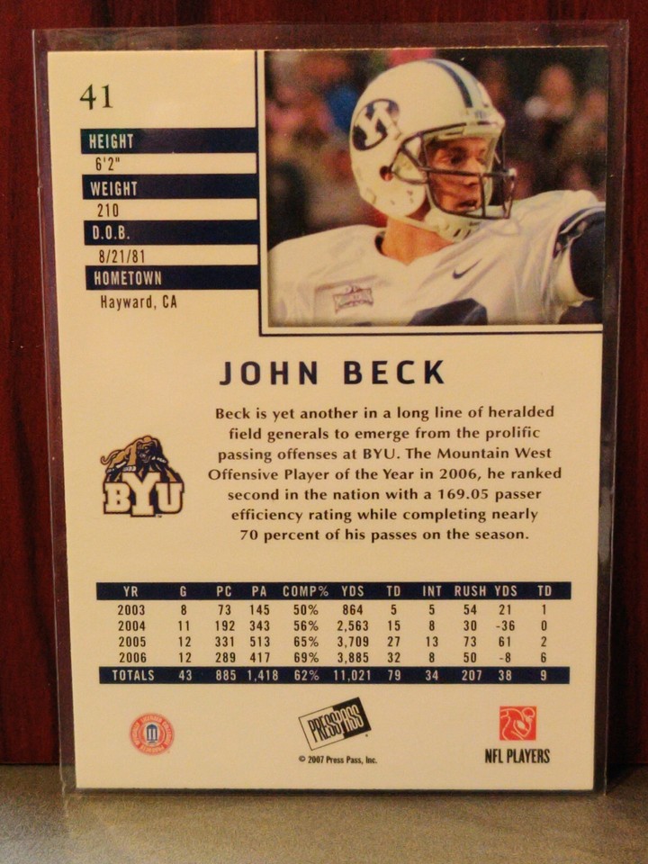 2007 Press Pass SE Retail John Beck #R41 Rookie RC 🏈 BYU Cougars | eBay