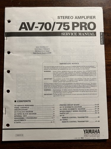 Yamaha AV-70 AV-75 PRO Stereo Amplifier Amp Service Manual Original ...