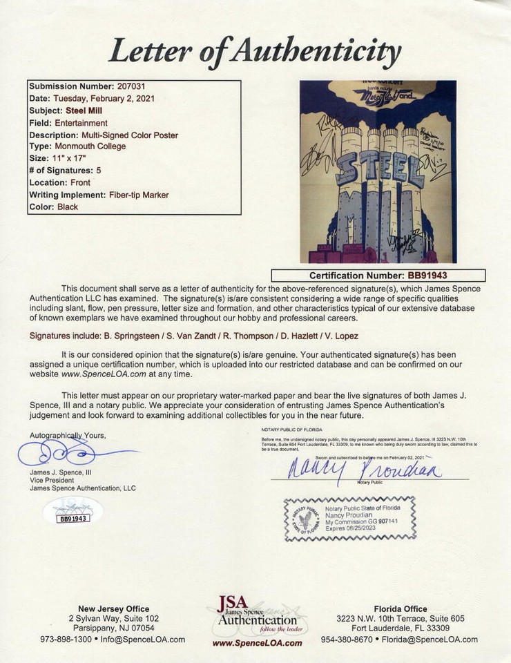 BRUCE SPRINGSTEEN +4 SIGNED AUTOGRAPH 13X21 STEEL MILL CONCERT TOUR ...