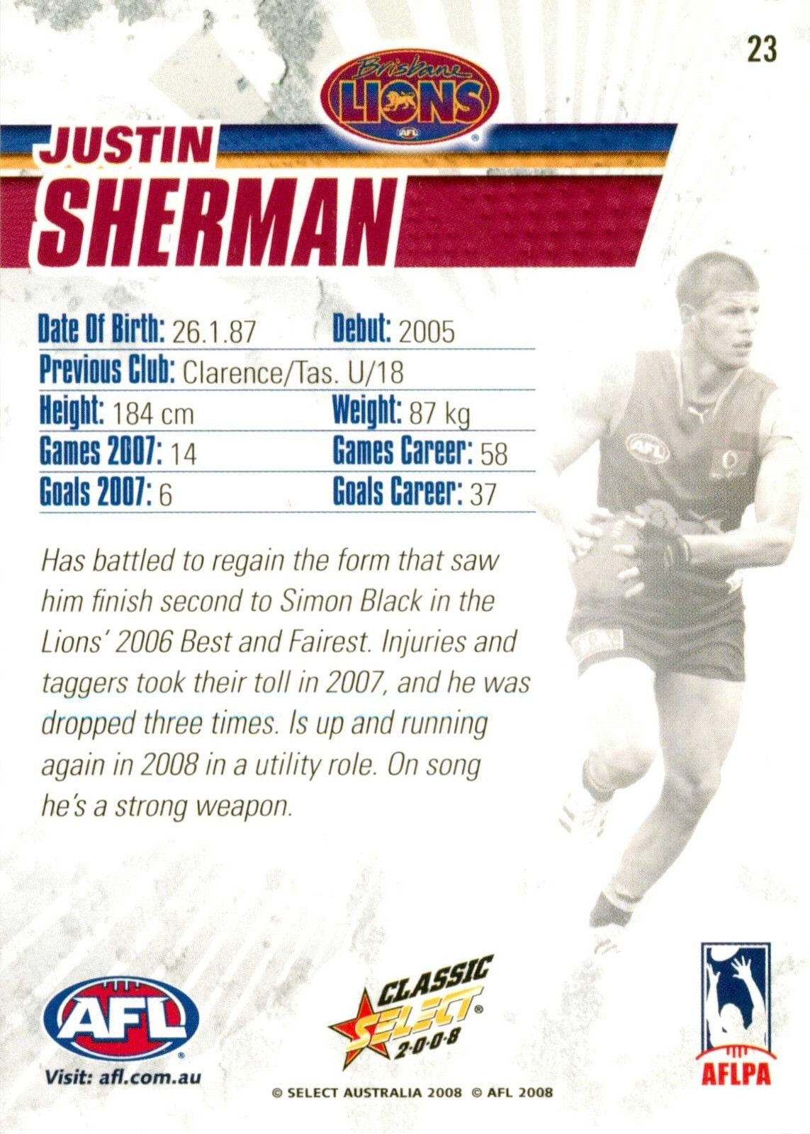 New 2008 BRISBANE LIONS AFL Card JUSTIN SHERMAN | eBay