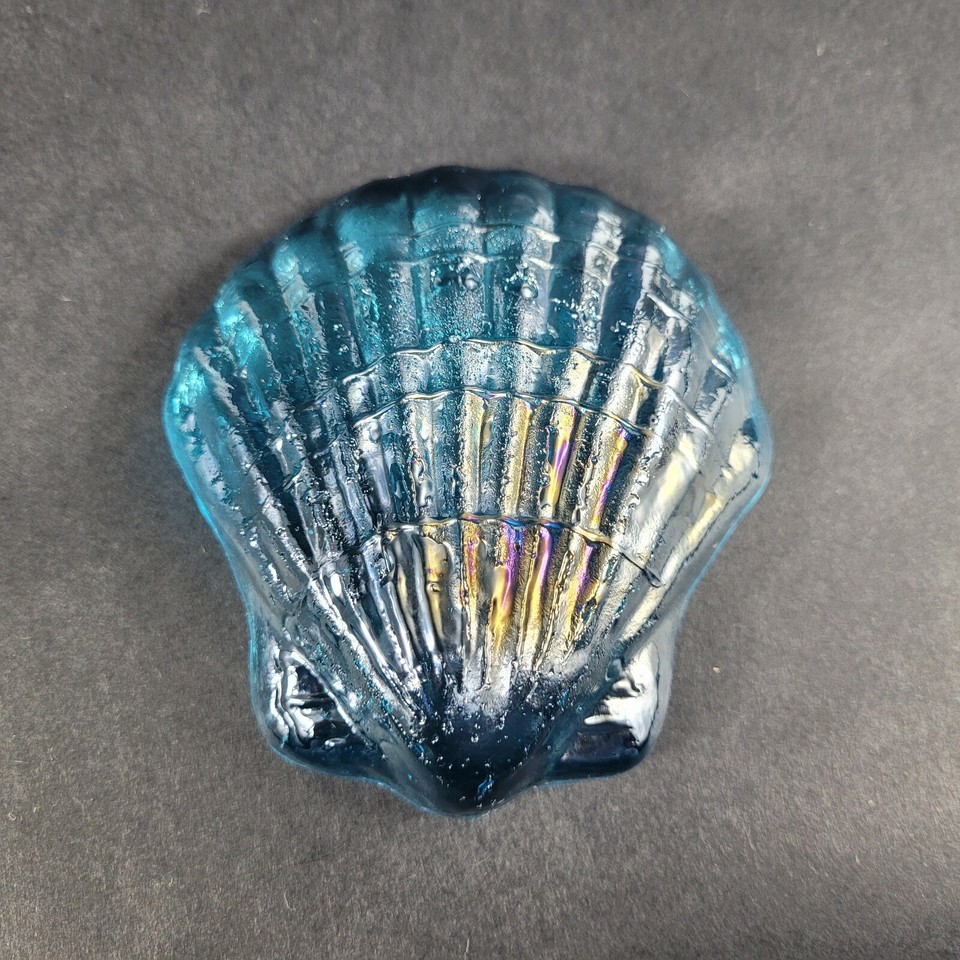 Blue Glass Scalloped Sea Shell Paperweight Fish Tank Art Nautical Beach ...