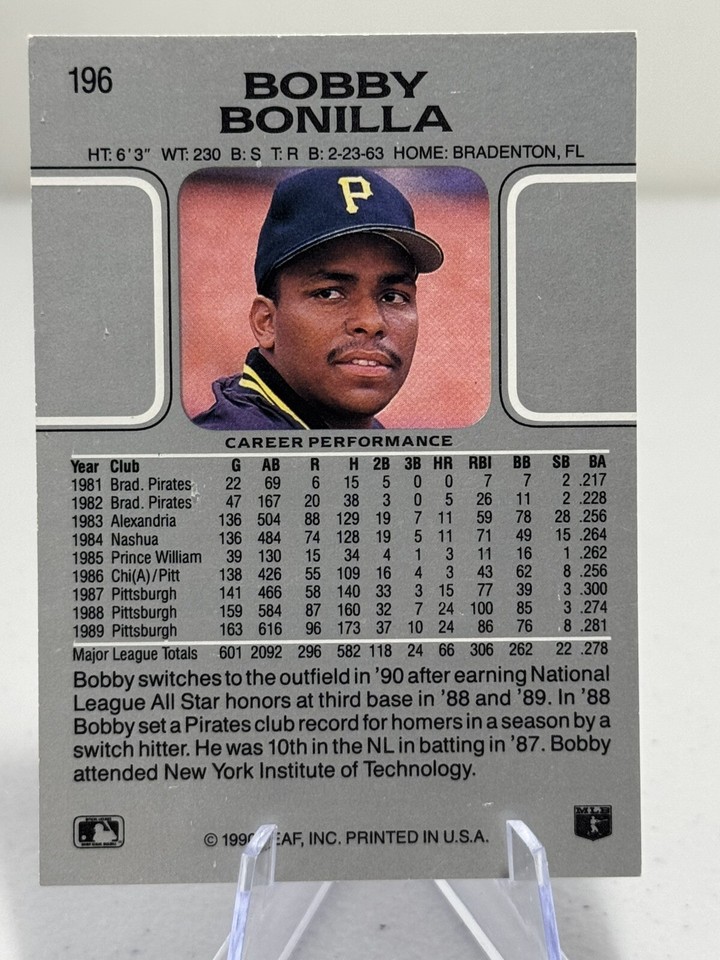 1990 Leaf Baseball #196 BOBBY BONILLA Autograph Pittsburgh Pirates Auto ...