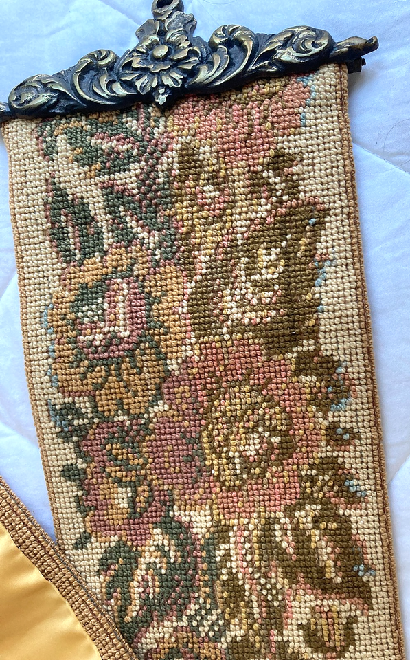Vintage TAN FLORAL NEEDLEPOINT BELL PULL HANGING TAPESTRY Brass Handled ...
