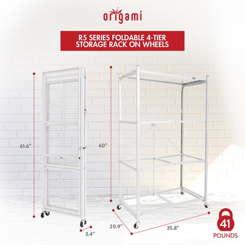 Origami 4 Tier Heavy Duty Multi Purpose Storage Rack w/ Wheels, White ...