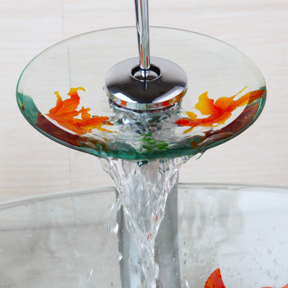 Bathroom Hand Paint Round Wash Bowl Waterfall Spout Mixer Faucet Vessel ...