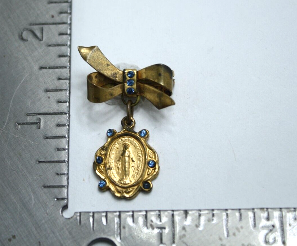 Immaculate Conception Virgin Mary Gold Tone Blue Rhinestone Brooch Drop ...