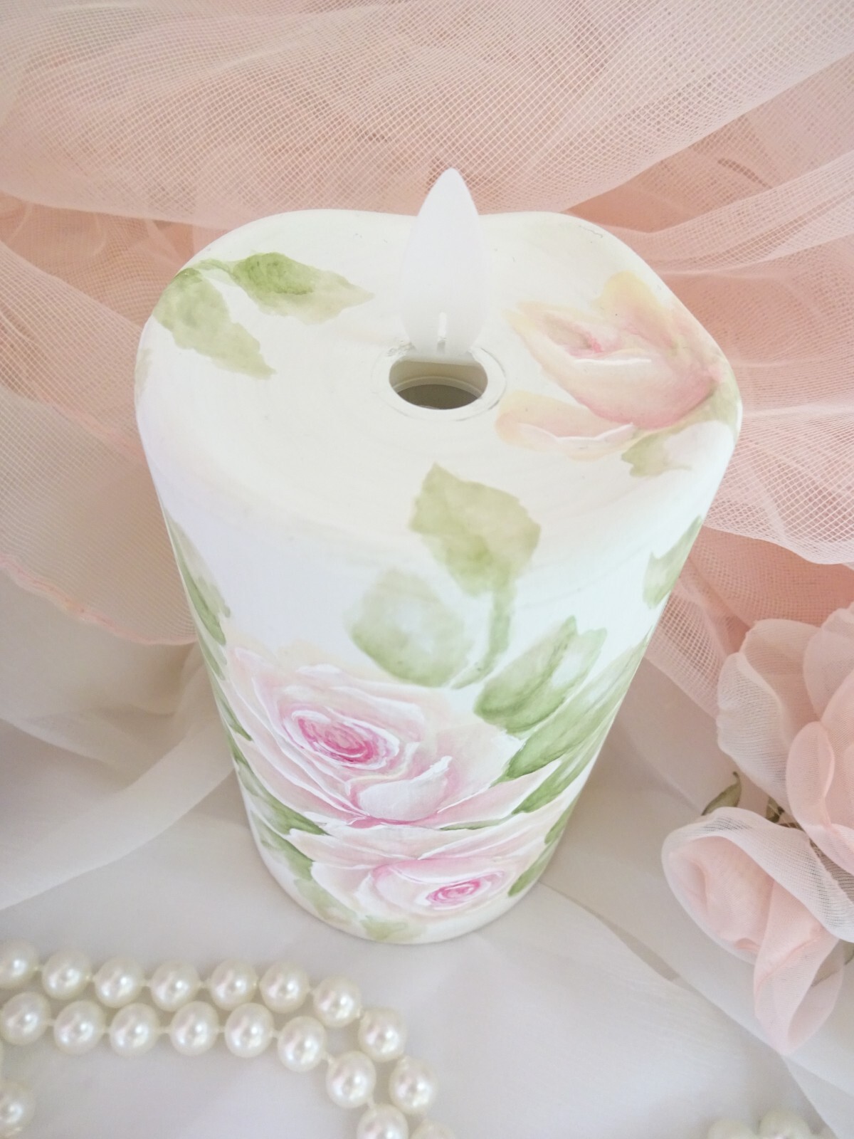 PINK ROSES BO TIMER PILLAR CANDLE Hand Painted DAS hp chic shabby ...