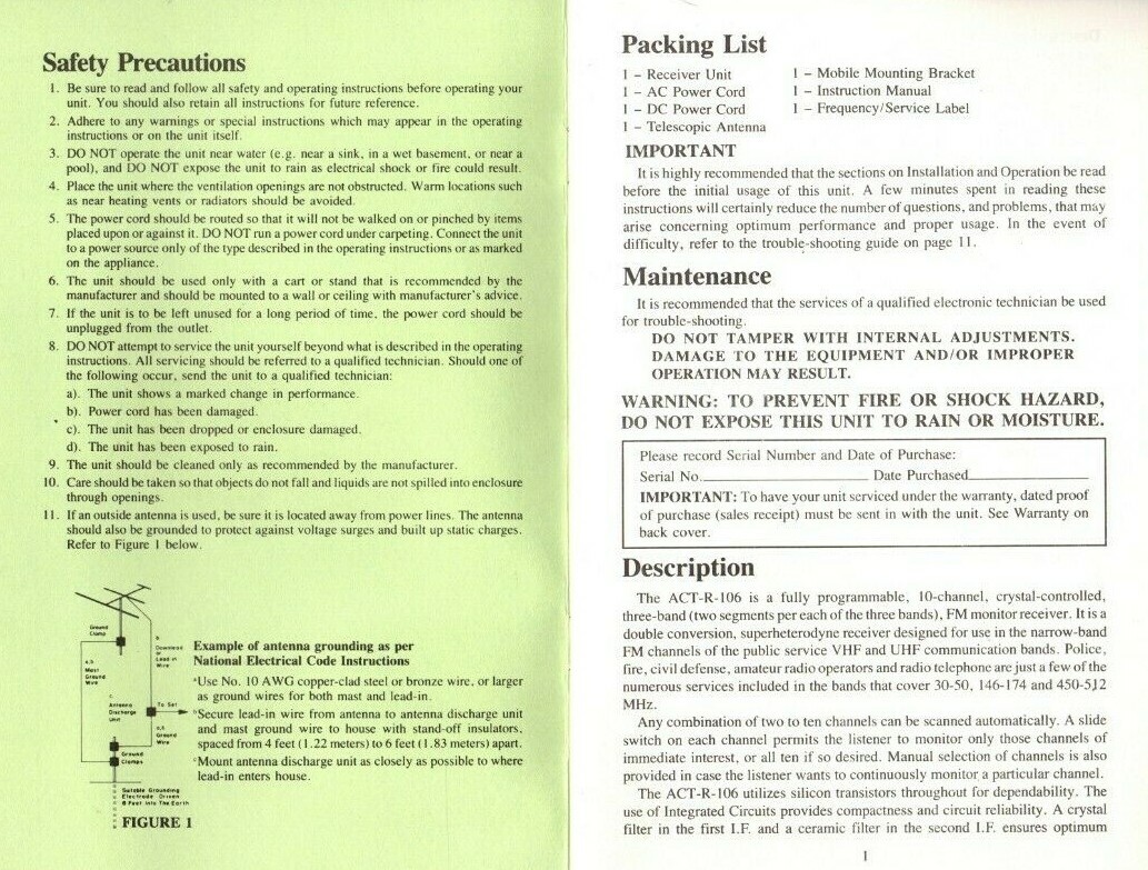 vintage REGENCY Scanner Catalog / Brochure + Owner's Manual: ACT-R-106 ...