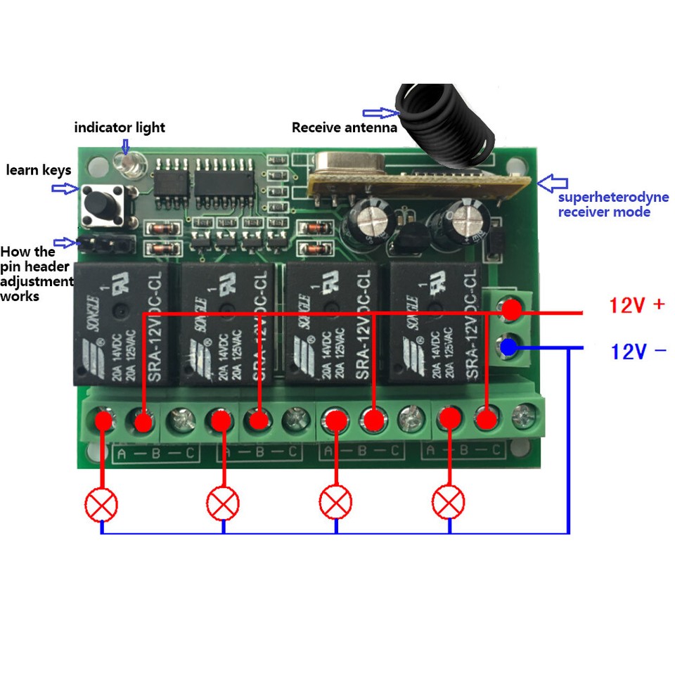 12V Wireless 4 Channel Remote Control Receiver Switch Transmitter ...
