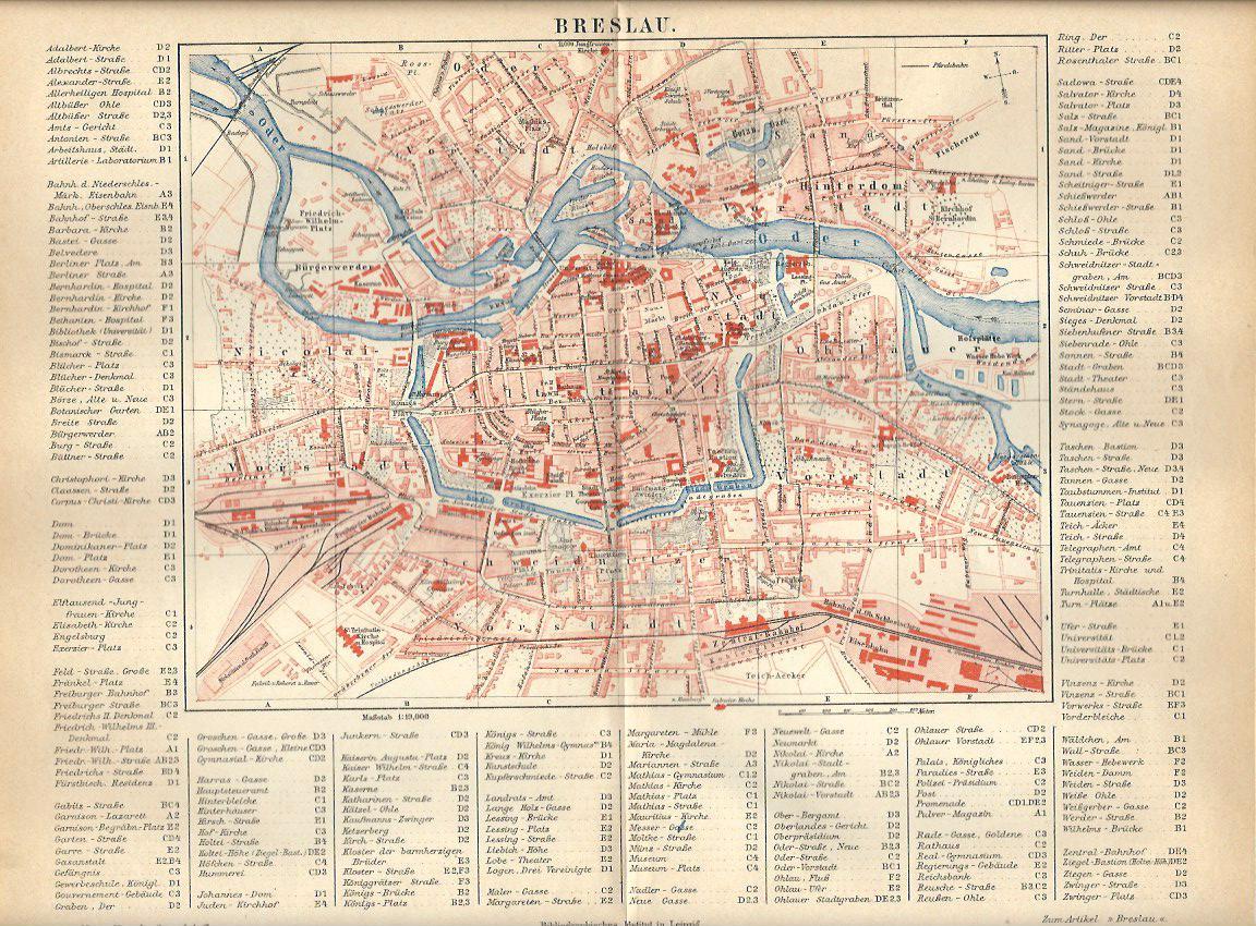 Carta geografica antica BRESLAVIA BRESLAU WROCLAW Pianta 1890 Old ...