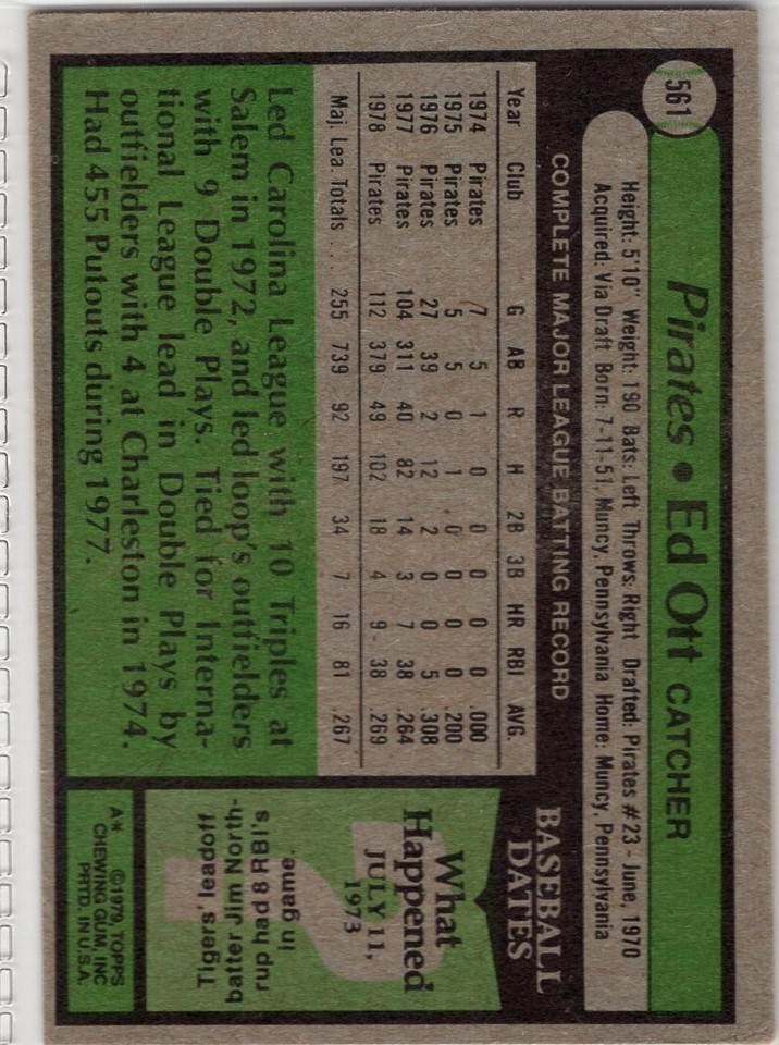 1979 Topps Ed Ott #561 Pittsburgh Pirates | eBay