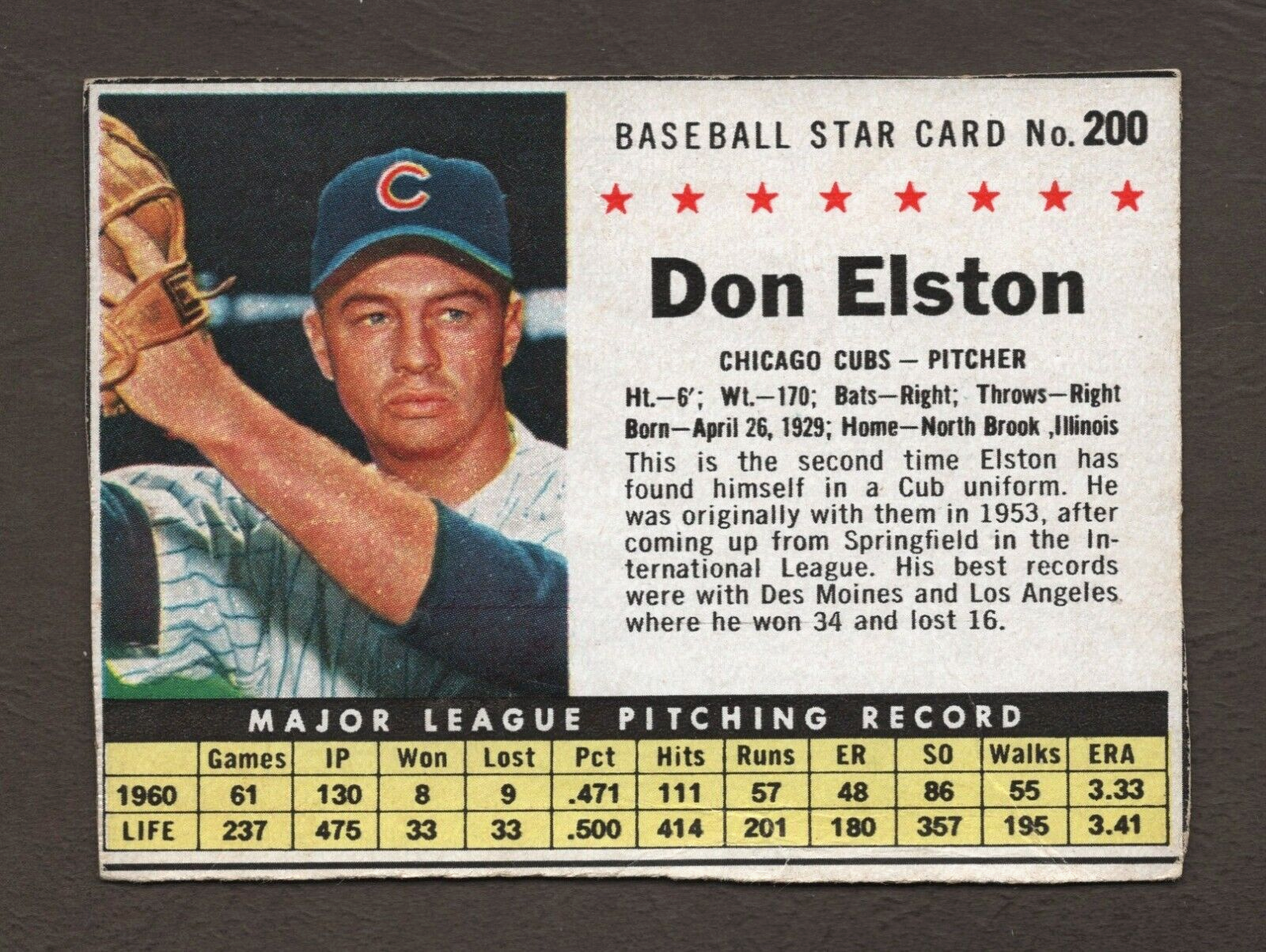 1961 Post Cereal Baseball Card #200 Don Elston – Chicago Cubs | eBay