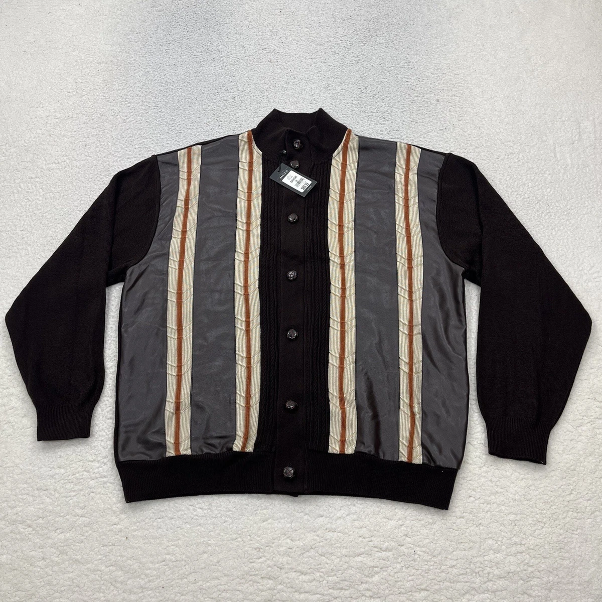 discount store Bagazio White Black Faux Leather Striped Pullover