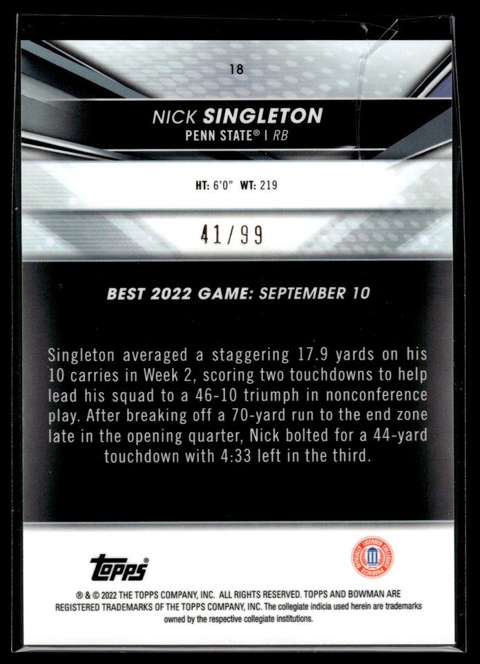 Nick Singleton 2022 Bowman's Best University Green Mini Diamond Card ...