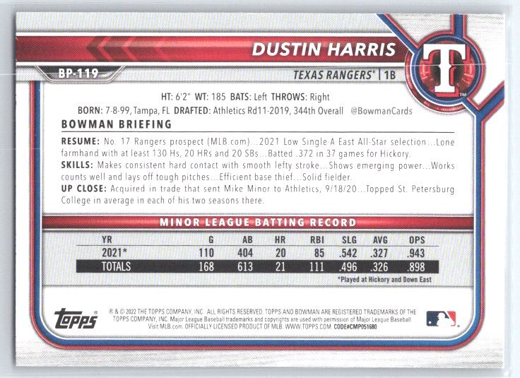 2022 Bowman Dustin Harris #BP-119 FBC Prospects Texas Rangers | eBay