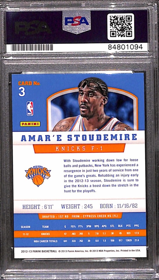 Amar'e Stoudemire 2012-13 Panini #3 Auto Autographed Signed Rookie Card ...