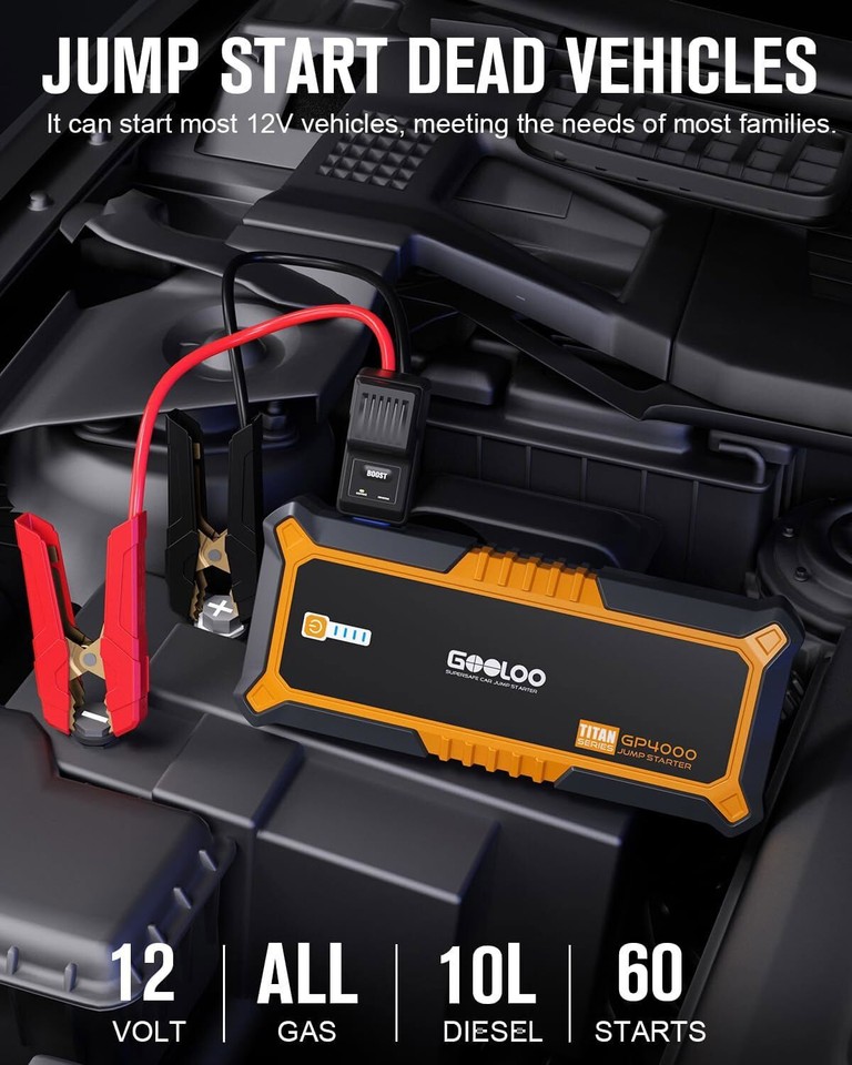 GOOLOO GP4000 Jump Starter 4000A Peak Car Starter SuperSafe 12V Lithium ...