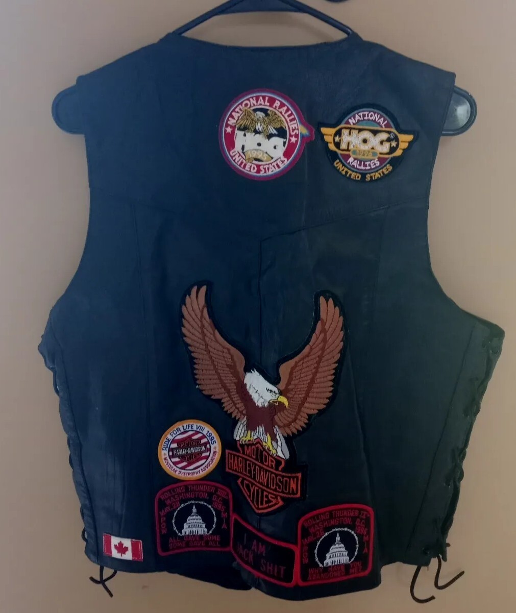Harley Davidson Leather Vest W Patches & Pin Back But… - Gem