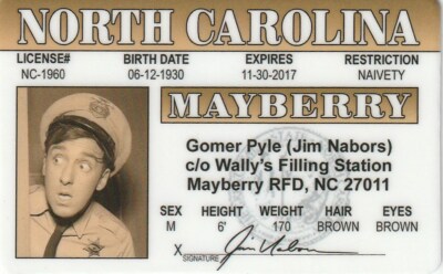 from the Andy Griffith Show GOMER PYLE Jim Nabors ID card Drivers ...