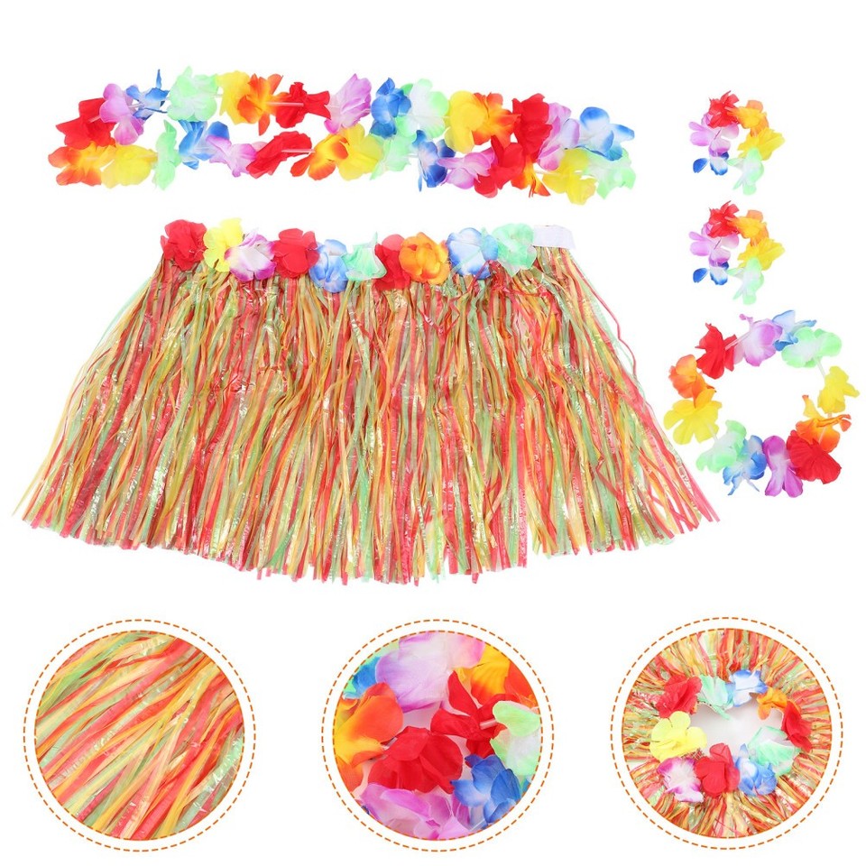 2 Sets Hawaii Hula Skirt Necklace Bracelets Headband Luau Party Costume ...