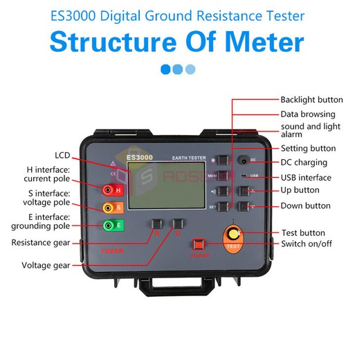 ES3000 Digital Earth Ground Resistance Tester 3000 Ohm Earthing ...
