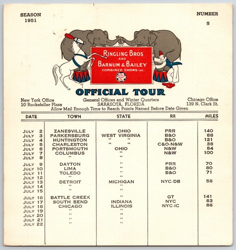 1951 Ringling Bros Barnum Bailey Circus Route Card Columbus Detroit ...