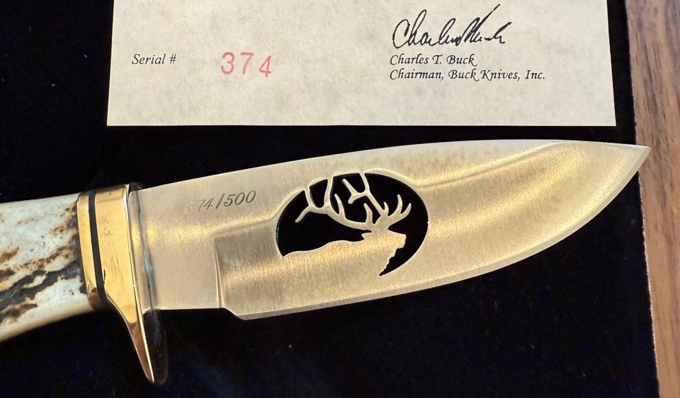 BUCK CUSTOM STAG W/ BUCK LASER CUT OUT BLADE KNIFE NEVER USED IN ...