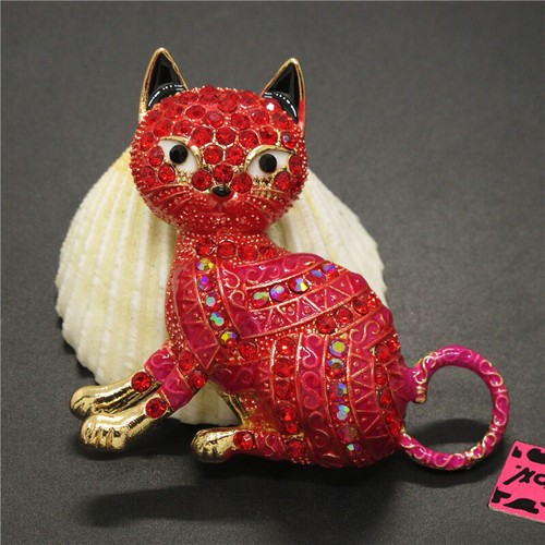 New Fashion Women Red Bling Playful Cat Animal Crystal Charm Brooch Pin ...