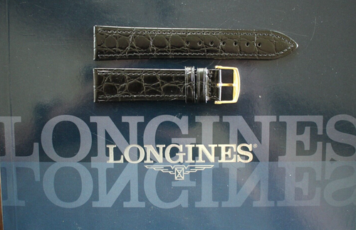 FOR LONGINES 20MM BLACK GATOR LEATHER WATCH BAND WATCHBAND STRAP & GOLD ...