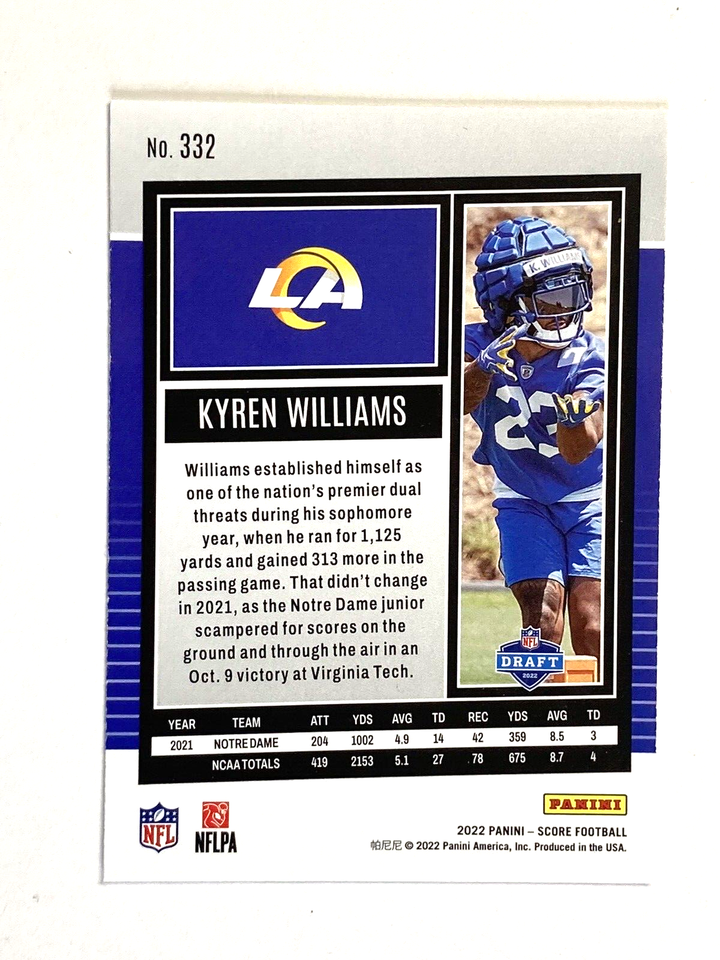 2022 Score Kyren Williams Rookie Card #332 Rams | eBay