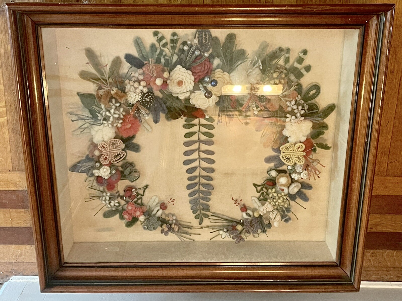 LARGE Antique Victorian WOOL WORK FLORAL & FERN Folk Art Deep Well ...
