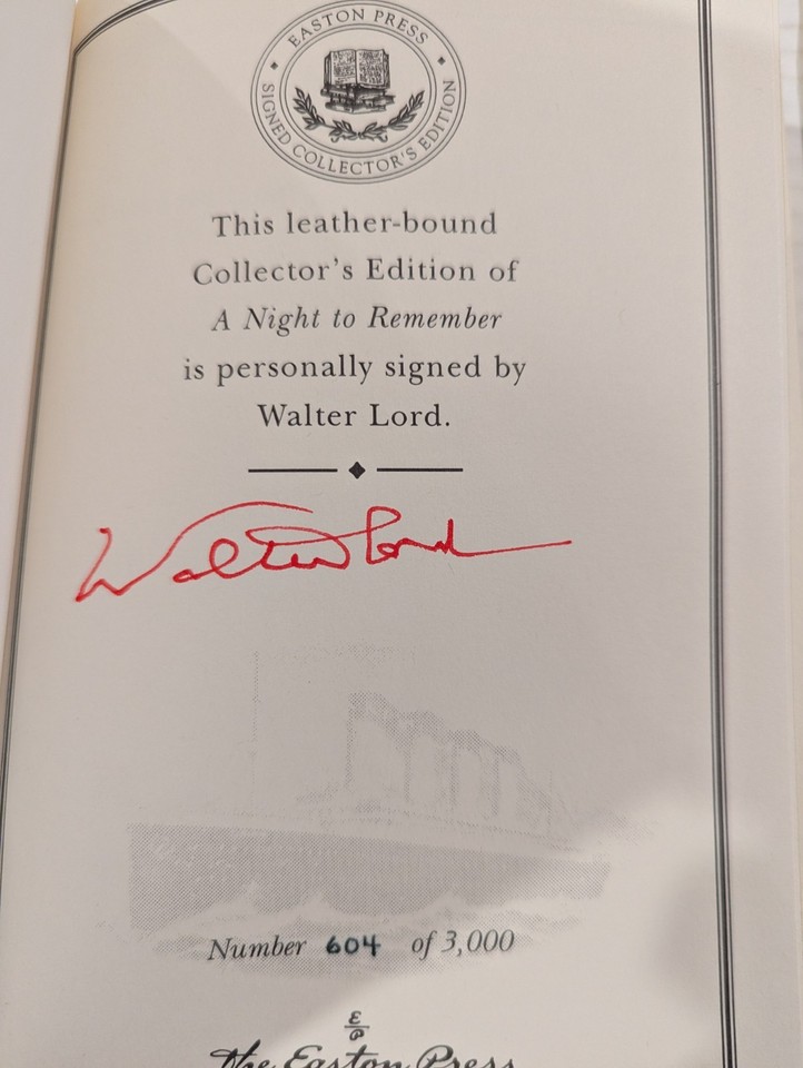 A NIGHT TO REMEMBER By Walter Lord Easton Press SIGNED by Walter Lord ...