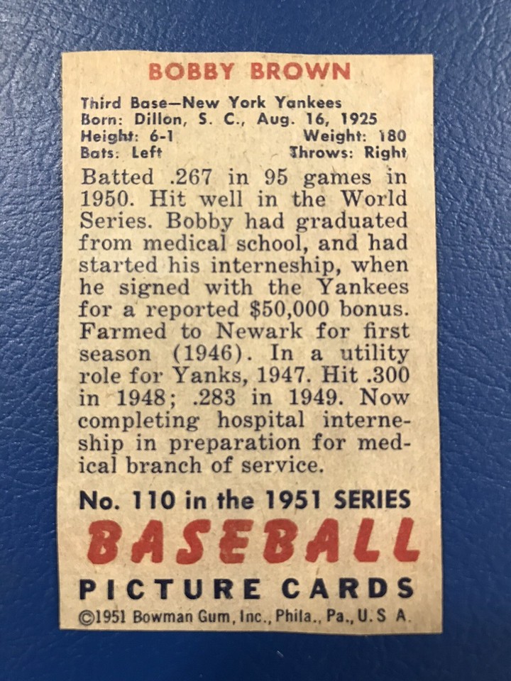 Bobby Brown New York Yankees 1951 Bowman Card 110 Writing Trimmed | eBay
