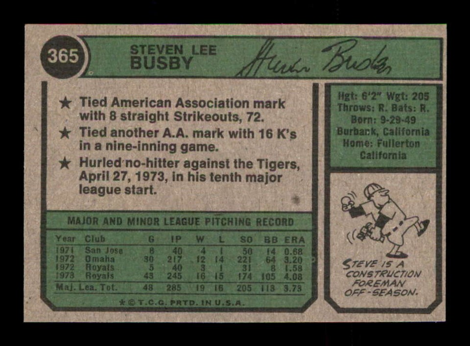 1974 Topps #365 Steve Busby NM/NM+ X3274736 | eBay