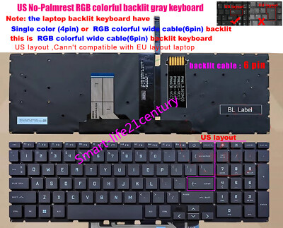New gray RGB Backlit Keyboard For HP Victus 15-FA 15-FB TPN-Q278 TPN ...
