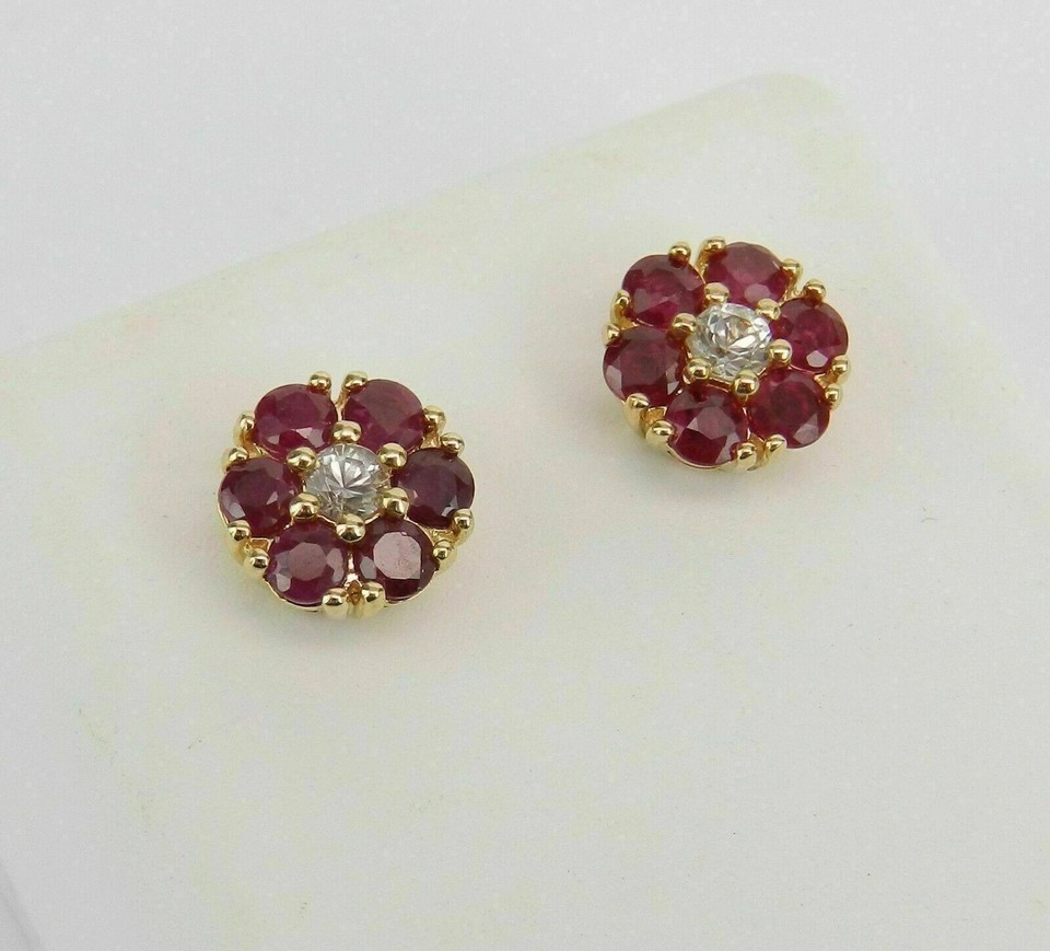 Genuine Red Ruby 1Ct Round Cut Flower Stud Earring 14k Yellow Gold ...