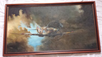 Spitfire oil painting on board, 42` x 22.75` R Oliver After Barrie A.F ...