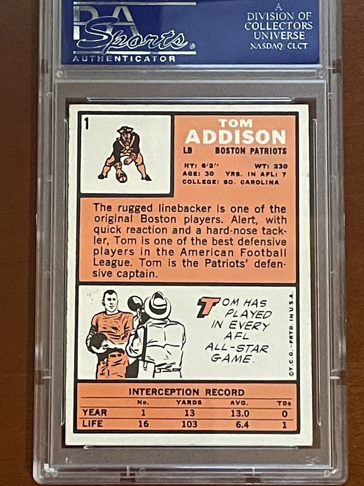 1966 Topps Tom Addison #1 PSA 6 EX-MT Boston Patriots New England Set ...