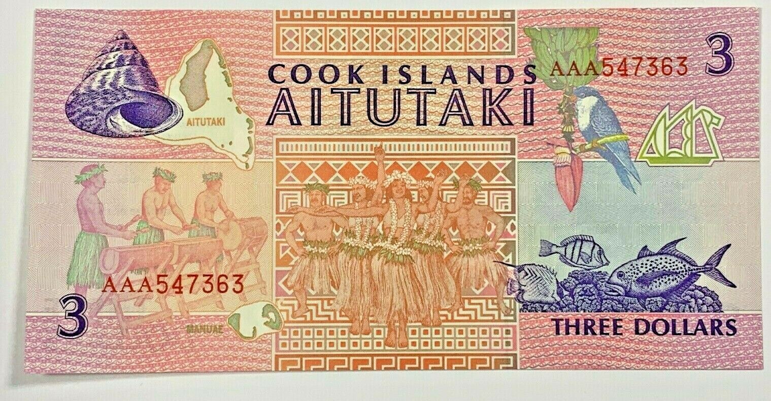 1992 Cook Islands 3 Dollars Uncirculated Banknote with Turtle Watermark ...