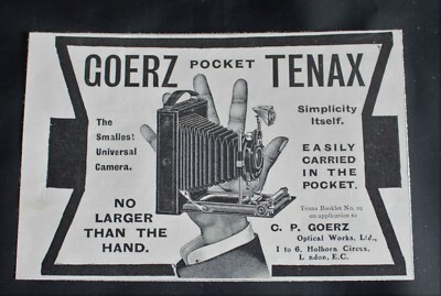 1910 Print advert 'Goerz Pocket Tenax Camera'. THE GRAPHIC. 5.5" x 3.5 ...