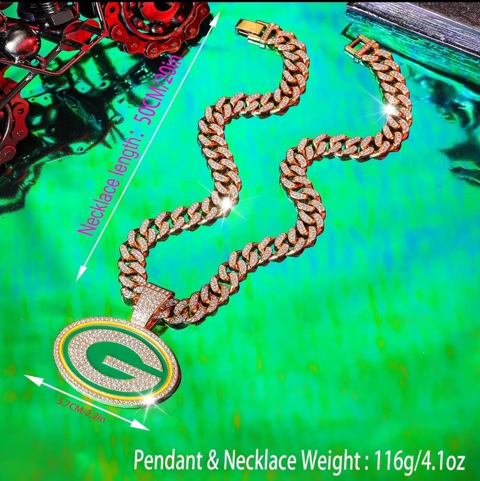 GREEN BAY PACKERS GEM NECKLACE Gold Bling NFL Football Pendant & 24 ...