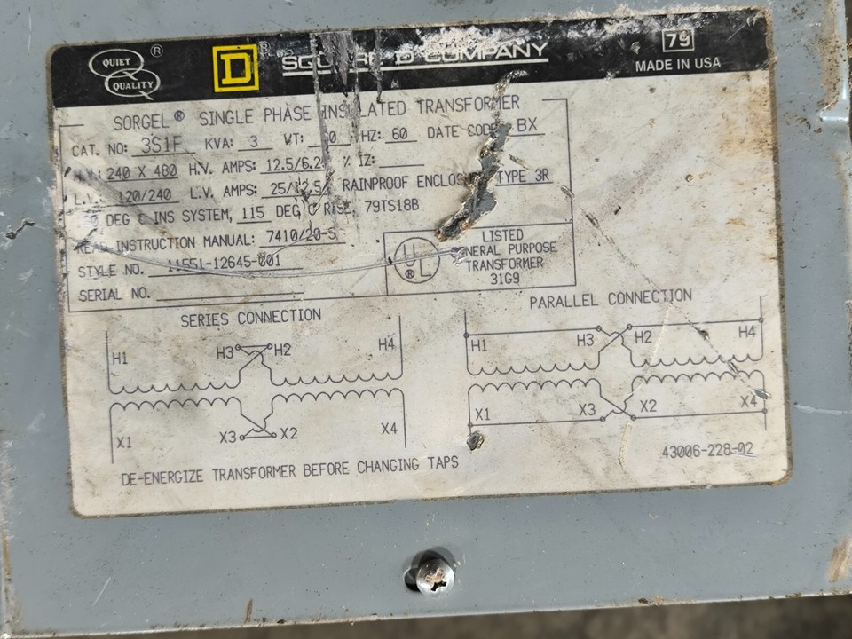 3 kVA Square D 3S1F Sorgel Transformer 240/480V - 120/240V 12.5/6.2-25/ ...