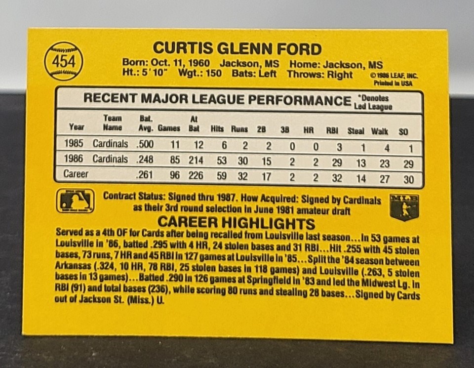 CURT FORD Signed 1987 Donruss Baseball Cards #454 St. Louis Cardinals ...