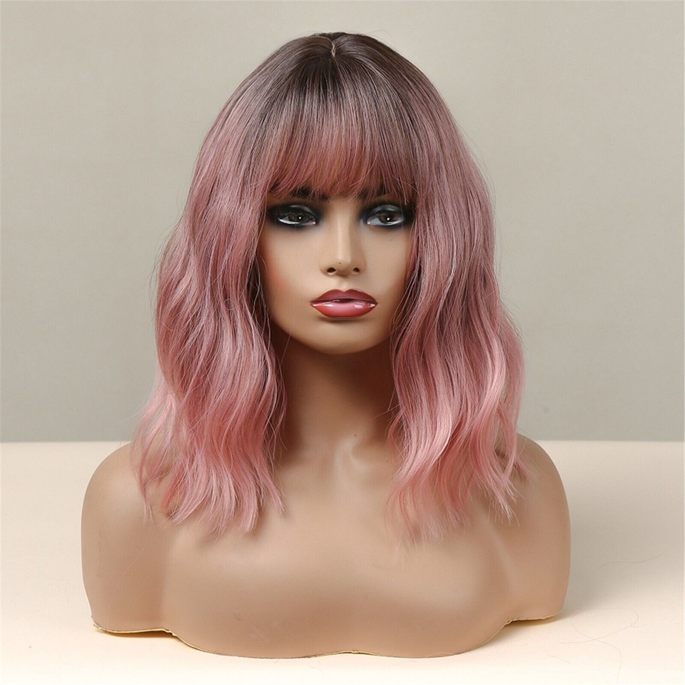 US Natural Ombre Pink Synthetic Hair Wigs Women Curly Wig with Bangs ...