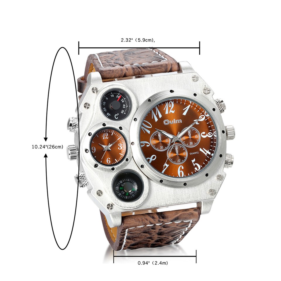 Men's Sport Army Multi-functional 2 Time Zones Dial Leather Quartz ...